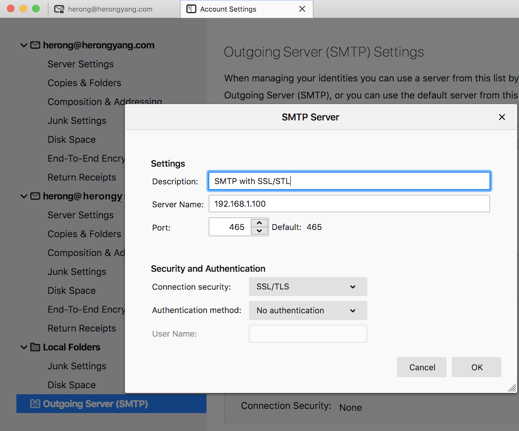 Thunderbird Configuration for SMTPS Service