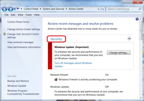 Windows 7: Action Center Security Messages
